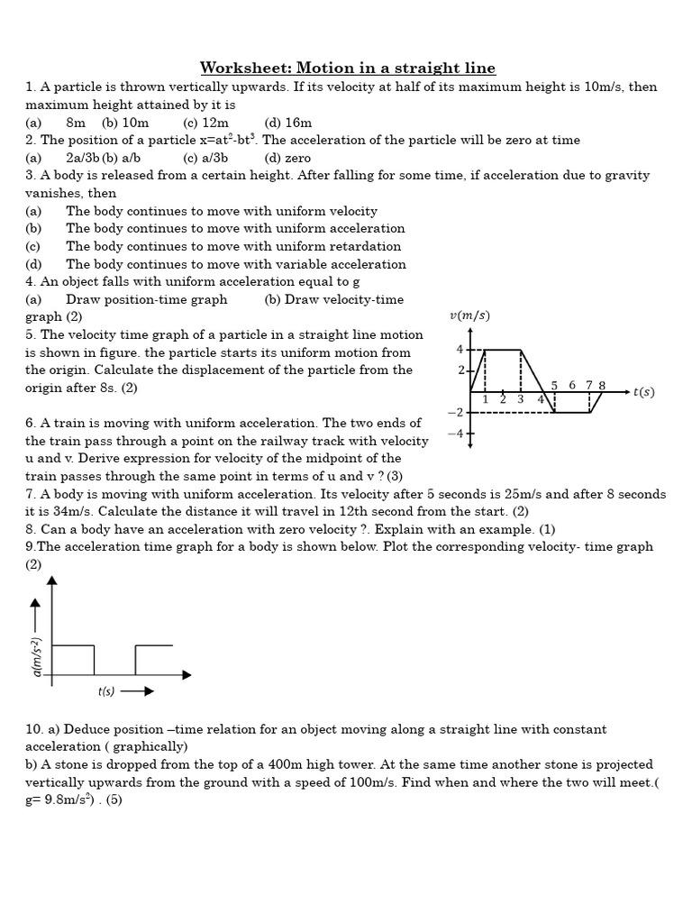 Class 11 Straight Line Motion Worksheet | PDF