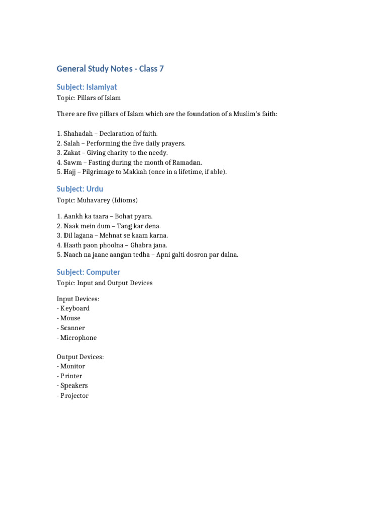 General Study Notes Class7 | PDF