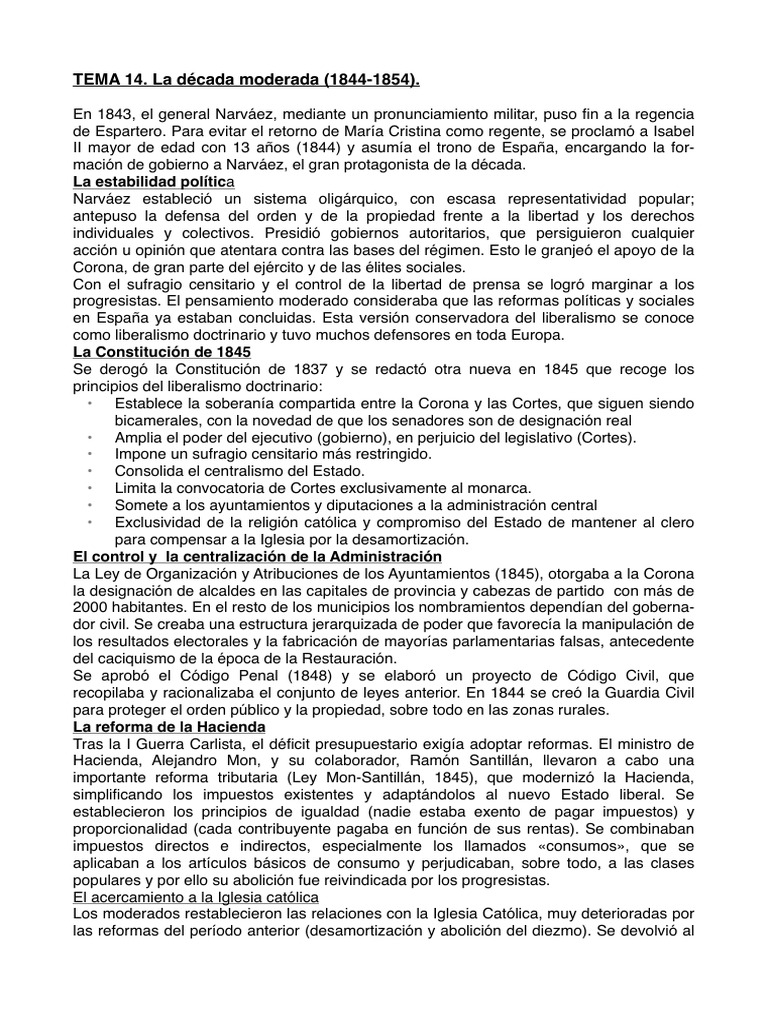 Tema 14. La Década Moderada (1844-1854) . | PDF