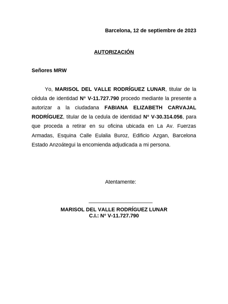 Carta Autorizacion Retiro de Encomienda | PDF