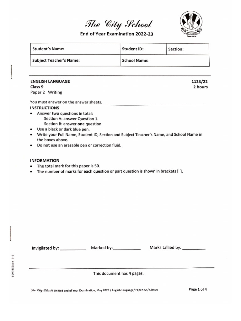 EOY EXAM (English, p2 Class 9) 2022 23 | PDF