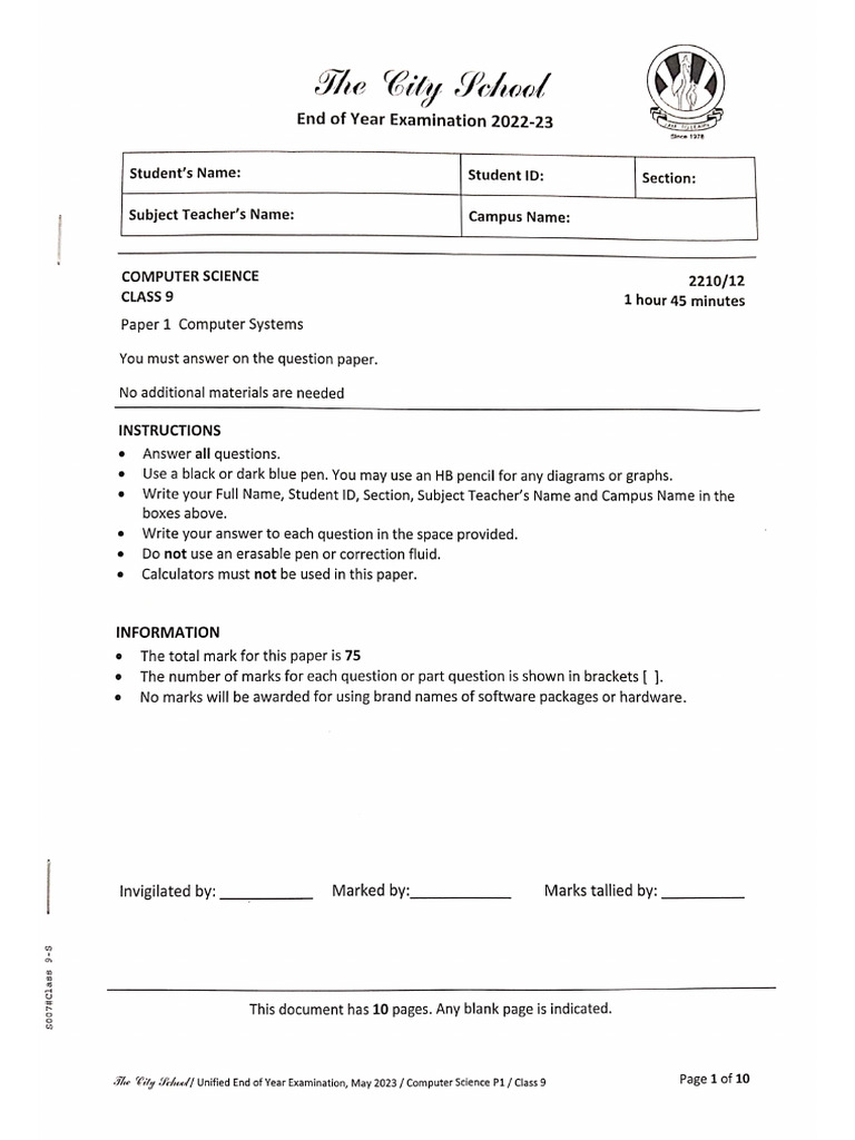 EOY EXAM (Computer Science, p1 - Class-9) 2022-23 | PDF