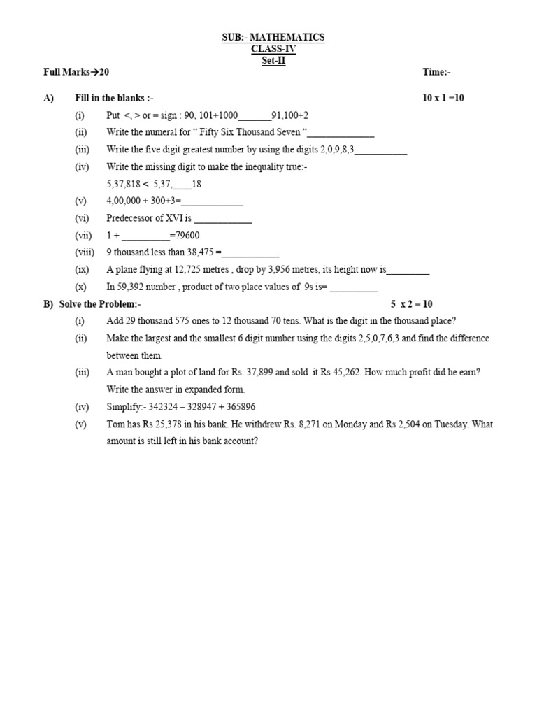 Math Set 2 For Class IV | PDF