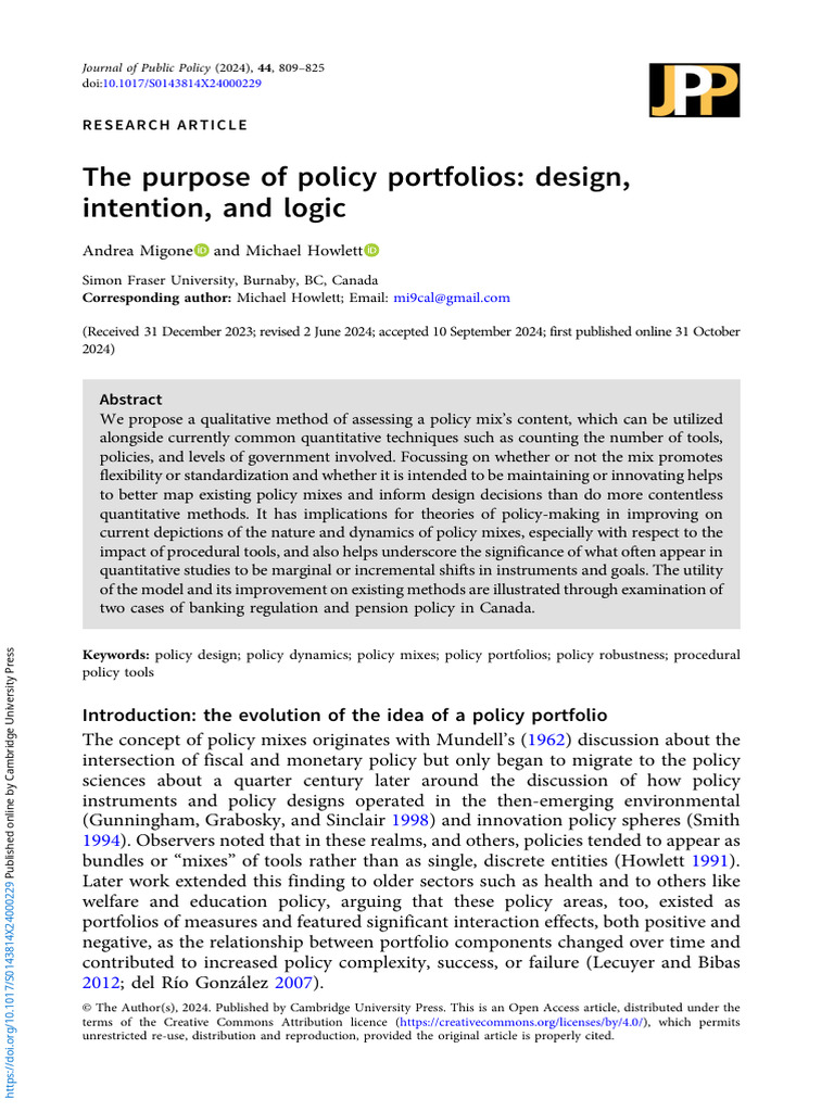 The Purpose of Policy Portfolios Design Intention and Logic | PDF ...