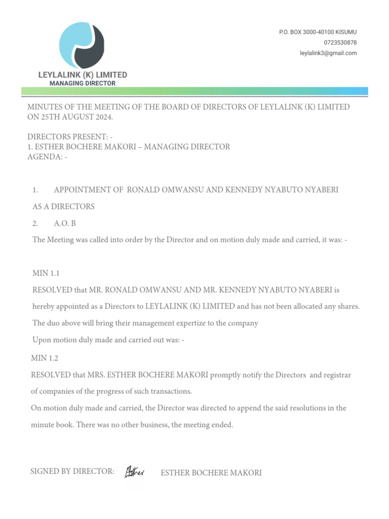 Resolution Minutes Leylalink | PDF