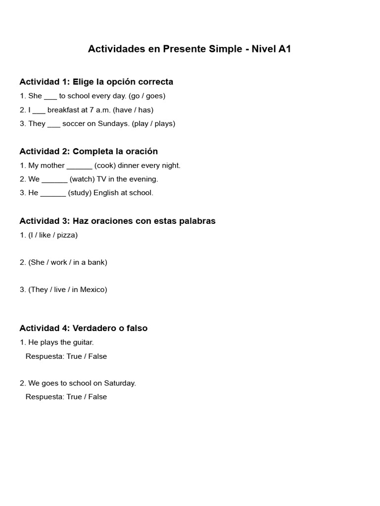 Actividades Presente Simple A1 | PDF