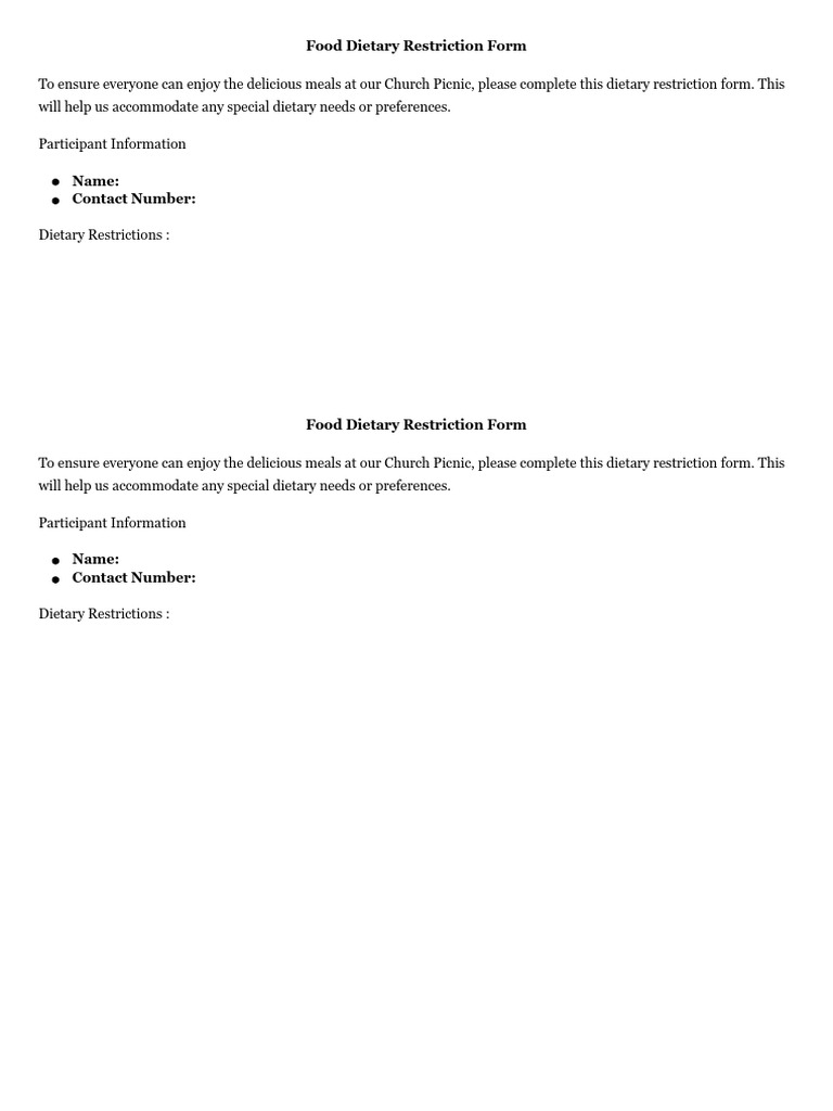Food Dietary Restriction Form PDF | PDF
