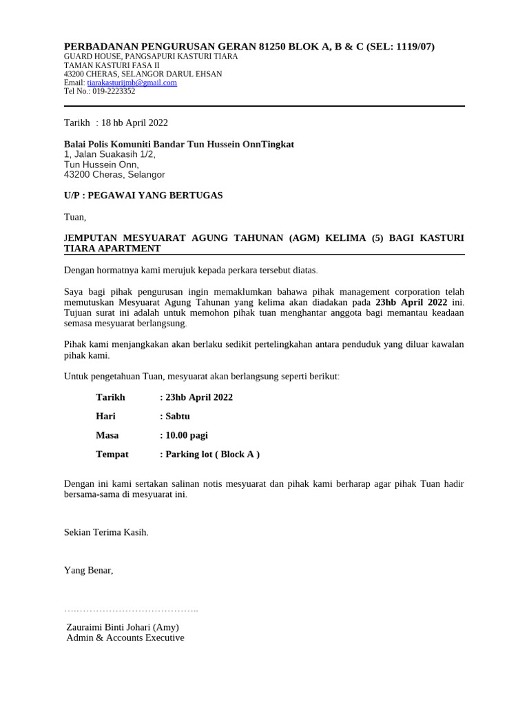 Surat Jemputan Agm-Police - KT | PDF