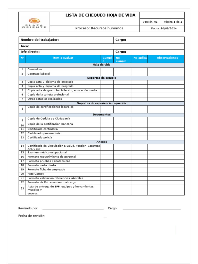 Lista de Chequeo Hoja de Vida | PDF