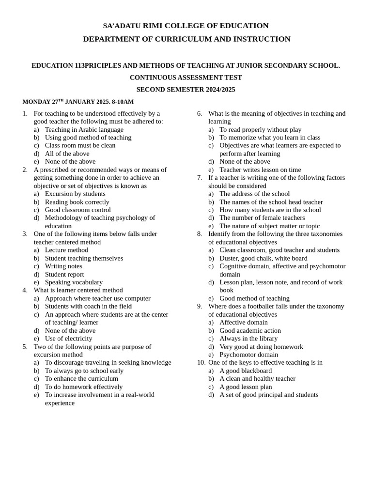 Principles of Teaching Methods Test | PDF | Teachers | Lesson Plan