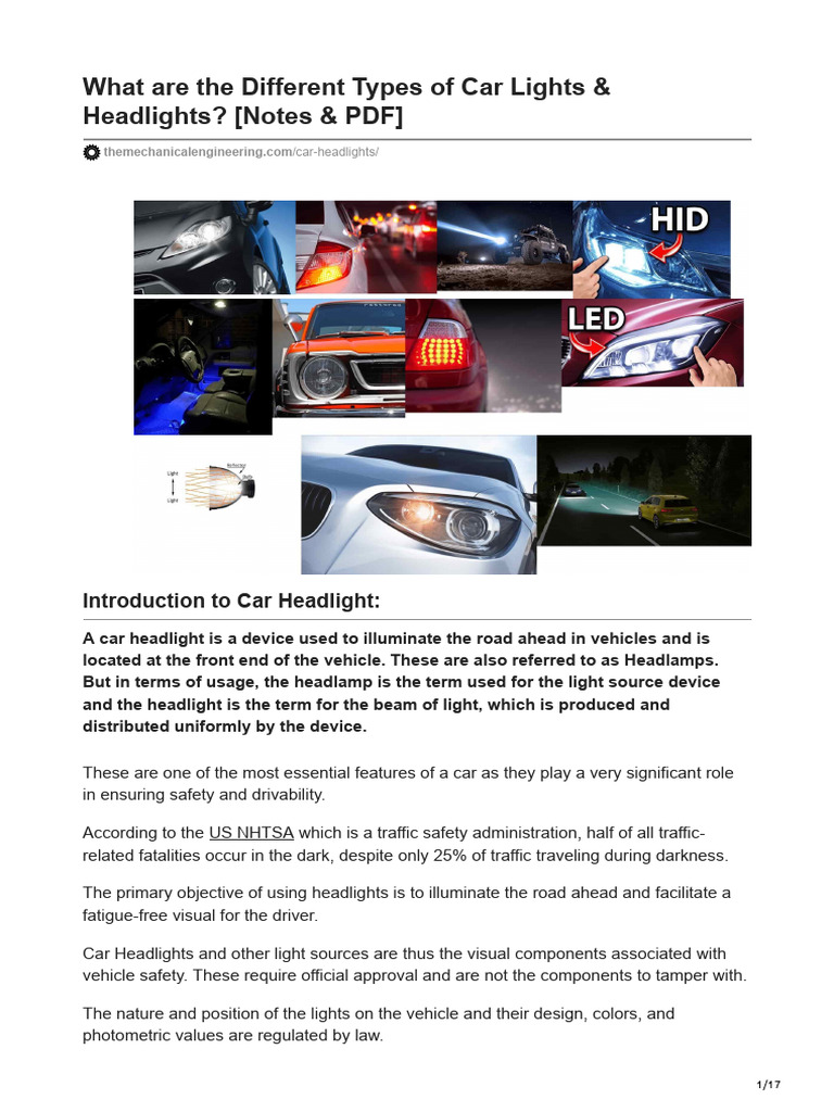 What Are The Different Types of Car Lights Headlights Notes PDF | PDF ...