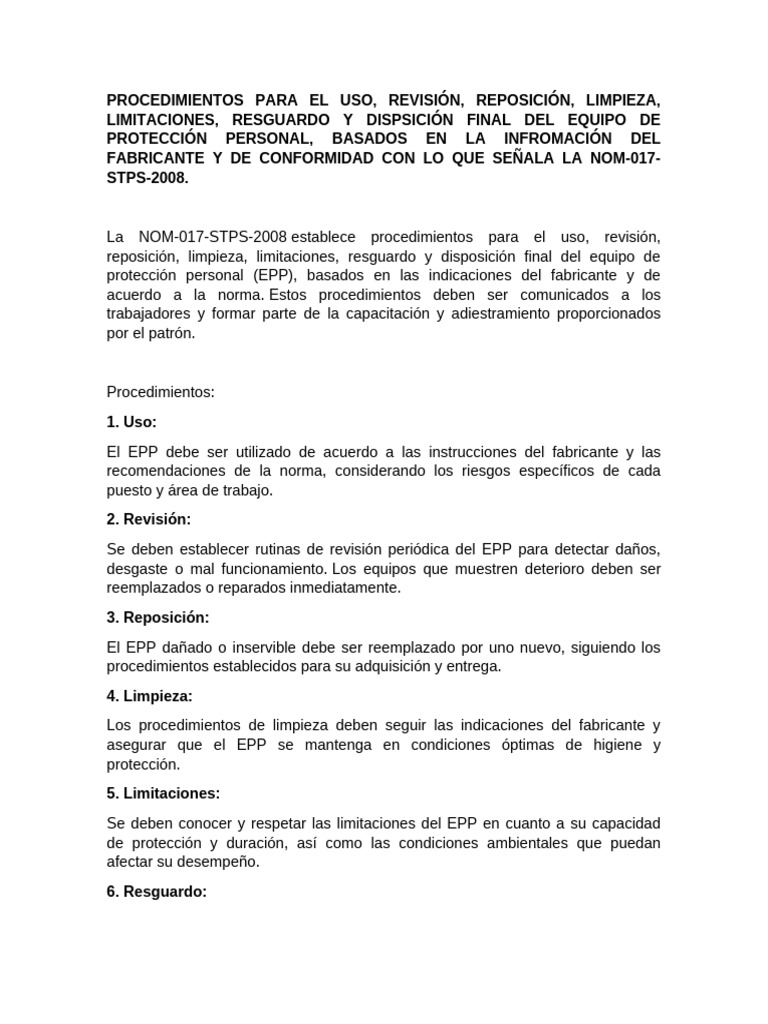 Procedimientos para El Uso de EPP | PDF