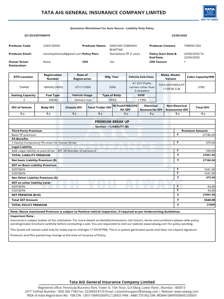 Tata AIG Motor Premium Quote 3189 QT 25 6307906970 | PDF | Insurance ...