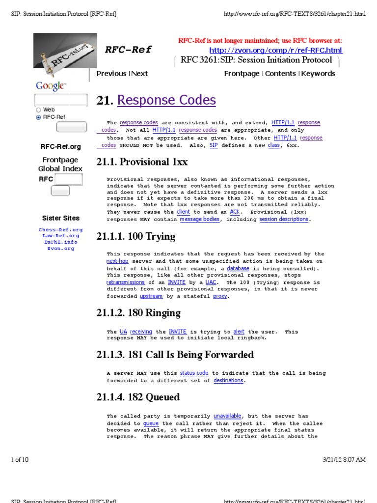 Response Codes: RFC-Ref | PDF | Session Initiation Protocol | Hypertext ...