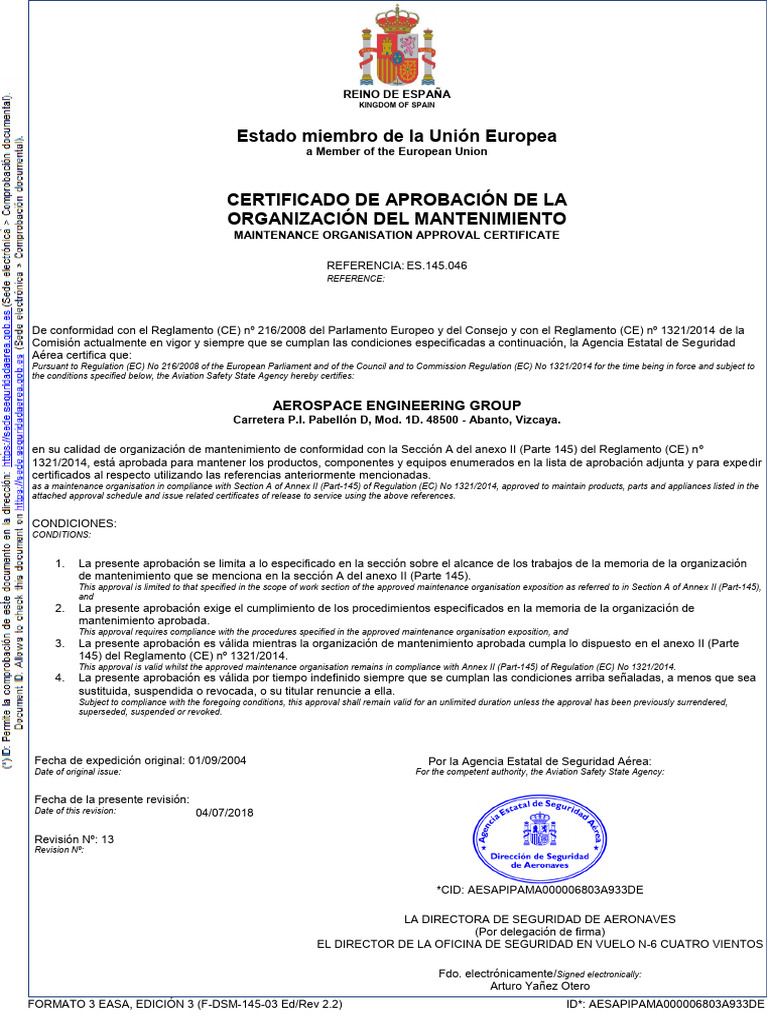 EASA Part 145 Certification ES.145.046 | PDF | Aeroespacial | Uniones ...