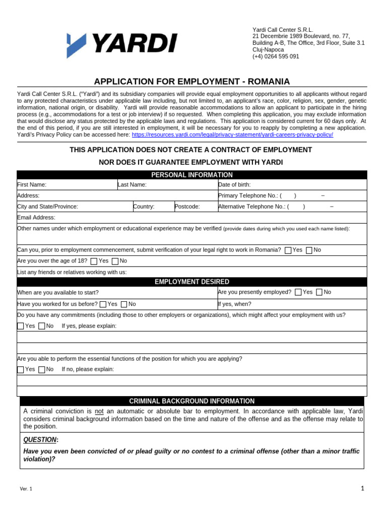 Global Application For Employment - ROMANIA Yardi Call Center S.R.L ...