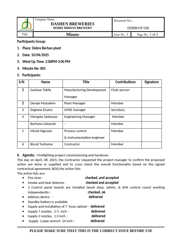 Firefighting Project Comissining and Handover Minute | PDF