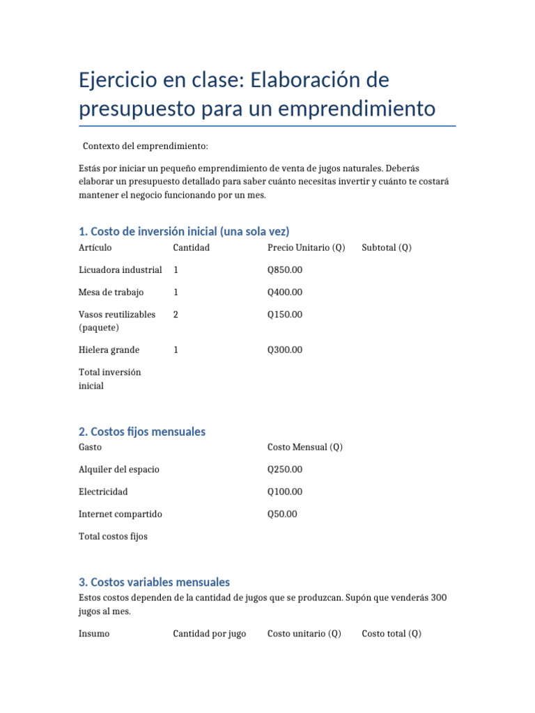 Ejercicio Presupuesto Emprendimiento | PDF