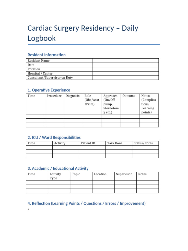 Cardiac Surgery Residency Logbook | PDF