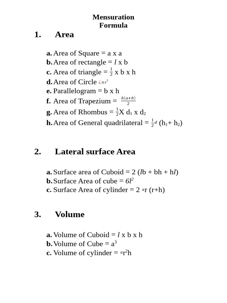 Mensuration: Area and Volume Formulas | PDF