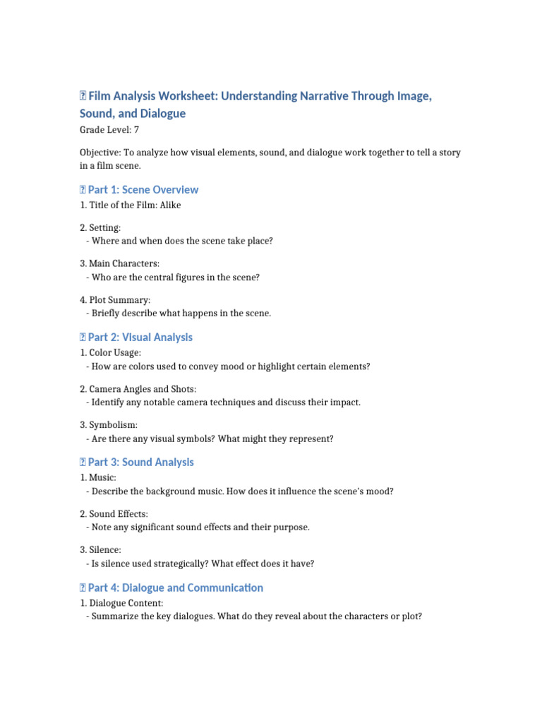 Film Analysis Worksheet Grade7 | PDF