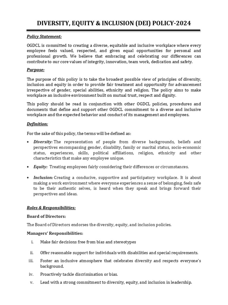 OGDCL DEI Policy 2024 Overview | PDF | Diversity (Business) | Social ...