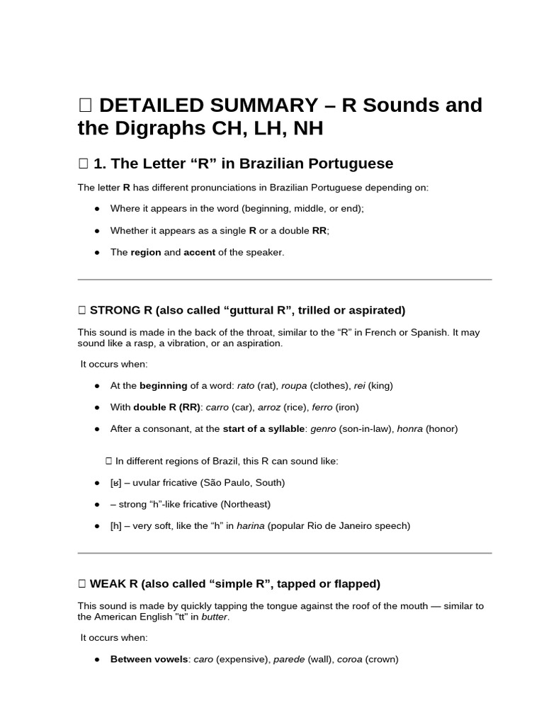 ? Detailed Summary - R Sounds and The Digraphs CH, LH, NH | PDF ...