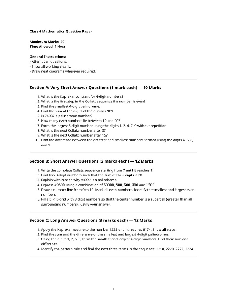 Class 6 Maths Test (07!07!2025) | PDF | Elementary Mathematics | Arithmetic