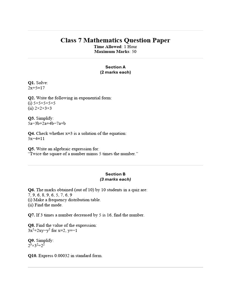 Maths Class 7 Test (16!06!2025) | PDF