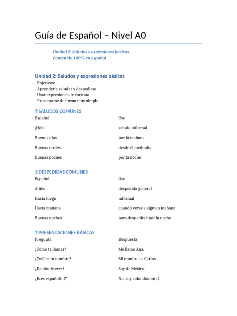 Guía Español Nivel A0 Unidad 2 | PDF
