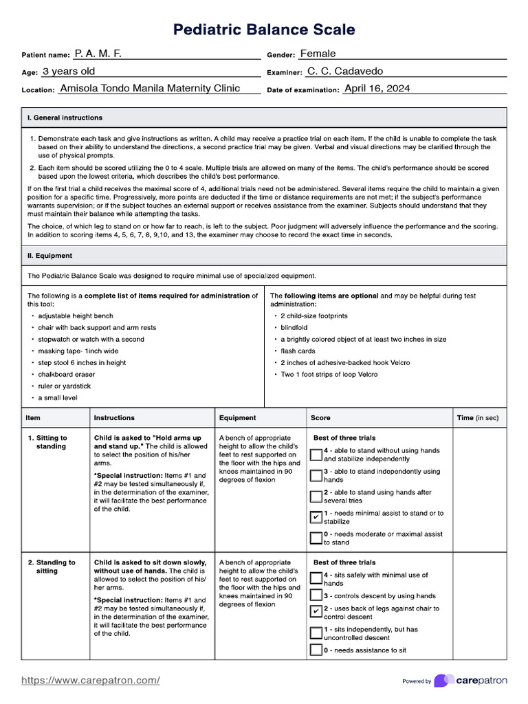 Pediatric Balance Scale | PDF