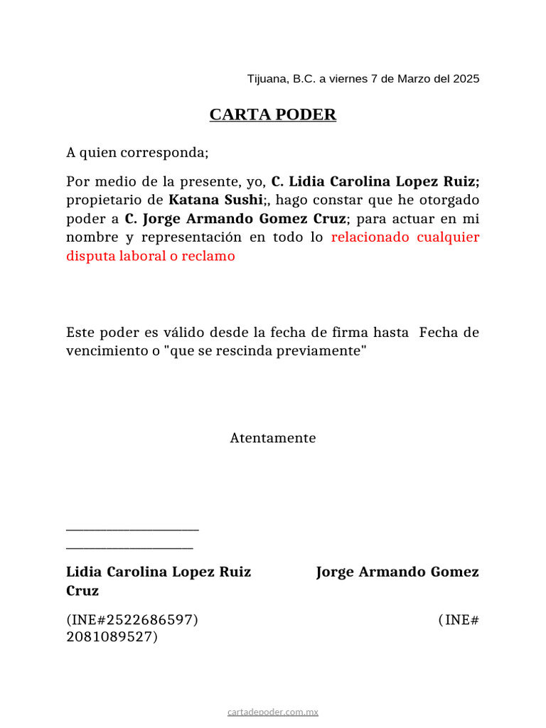 Carta Poder Laboral Otorgada Por El Patron | PDF