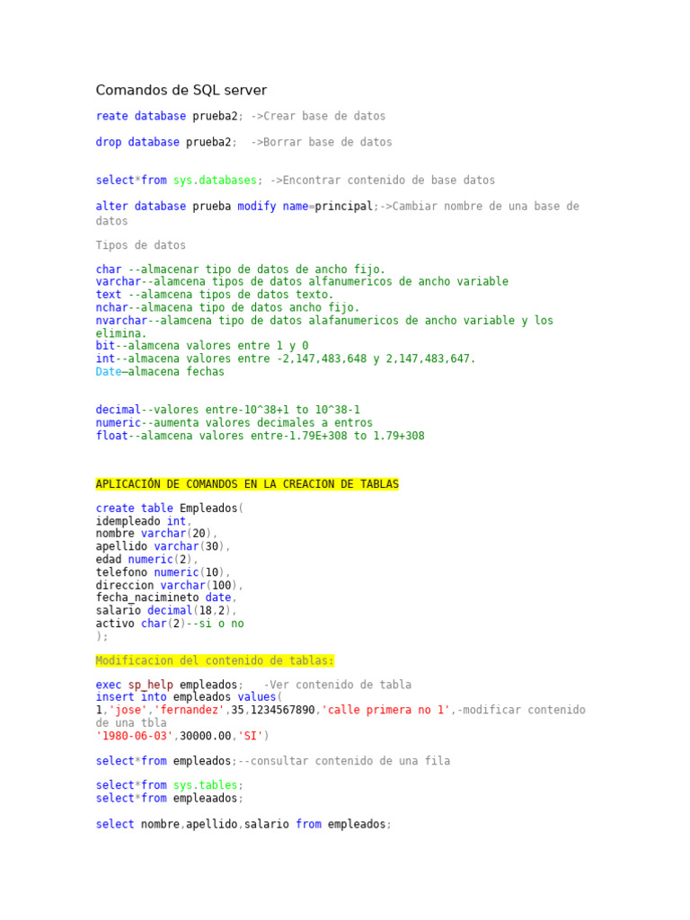 Comandos de SQL Server | PDF | Bases de datos | SQL
