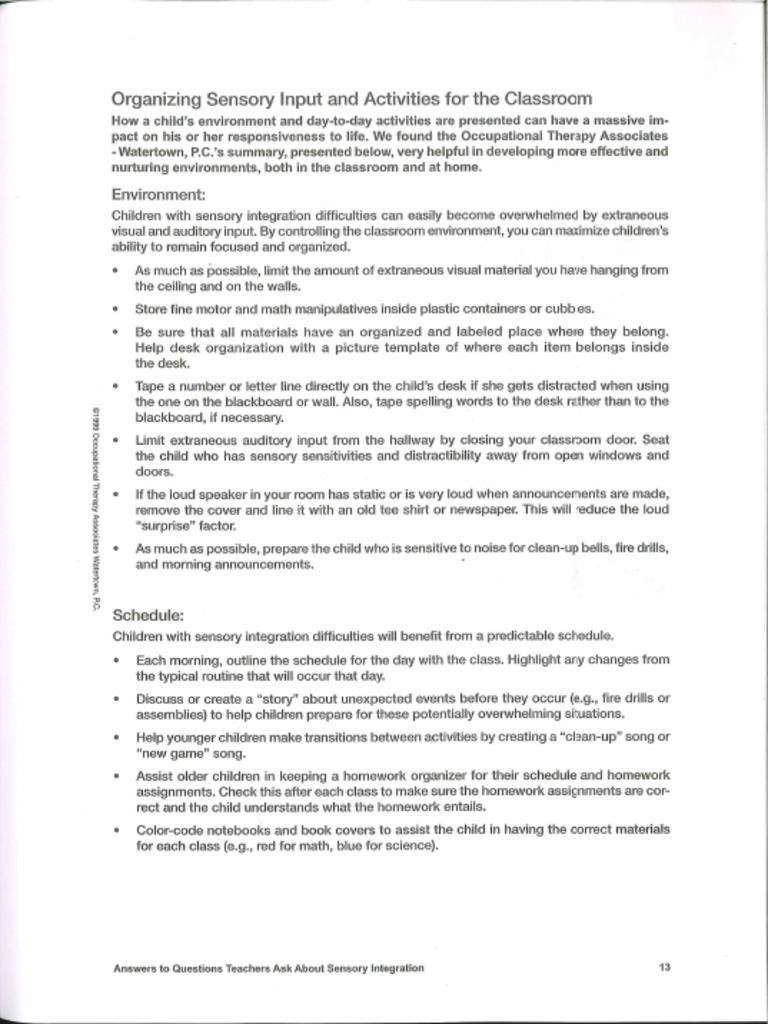 Organising Sensory Input and Activities For The Classroom | PDF