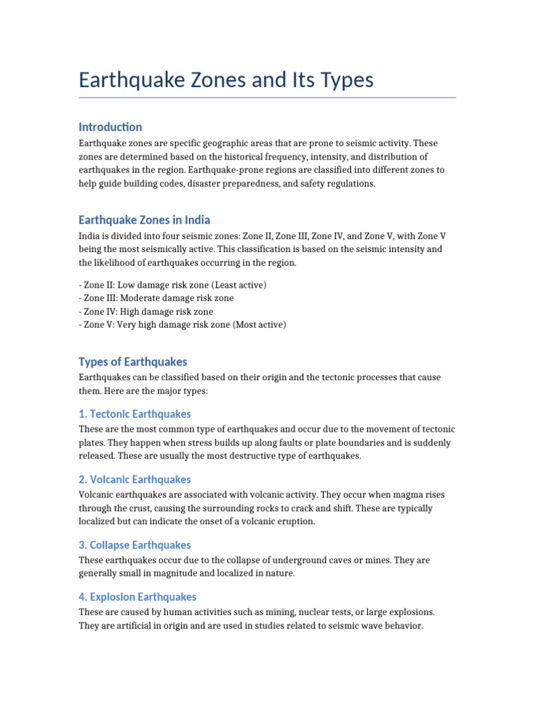 Earthquake Zones and Types | PDF