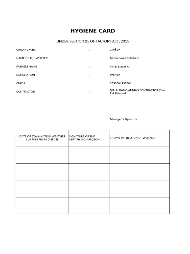 Hygiene Card for Worker Muhammad Ehtisham | PDF