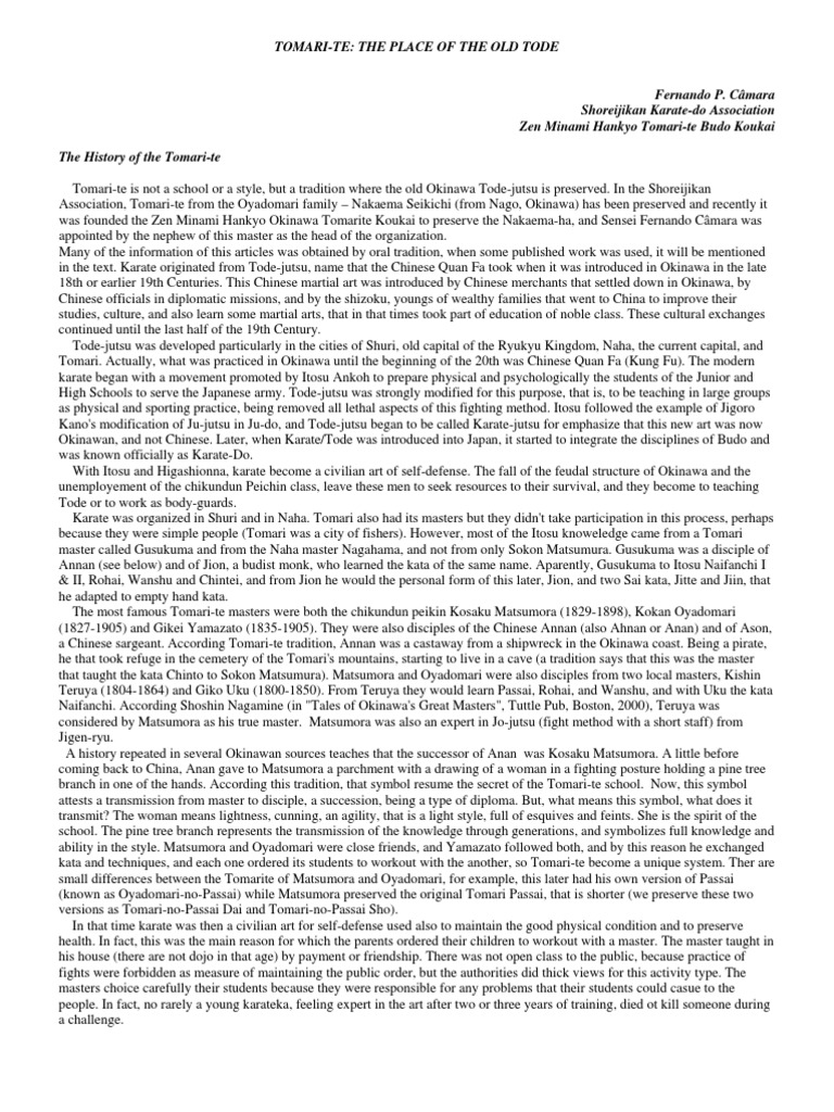 Tomari-Te: The Place of The Old Tode | PDF | Karate | Japanese Martial Arts