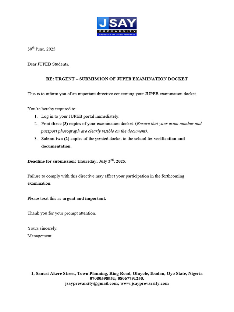 Important Notice - JUPEB Docket Submission Instruction - 081020 | PDF