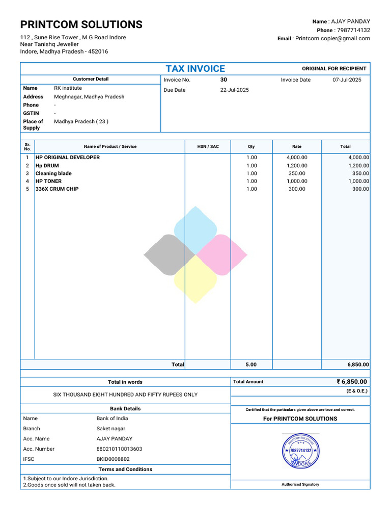 Invoice 30 RK Institute 10-39-2 | PDF