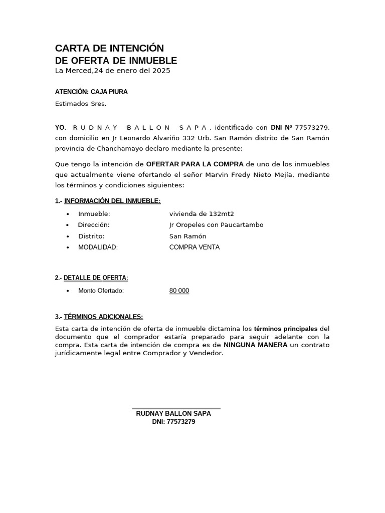 Carta Intencion de Compra 2025 | PDF