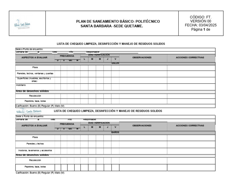 Planilla Limpieza y Desinfeccion-Politecnico | PDF | Saneamiento | Contaminación