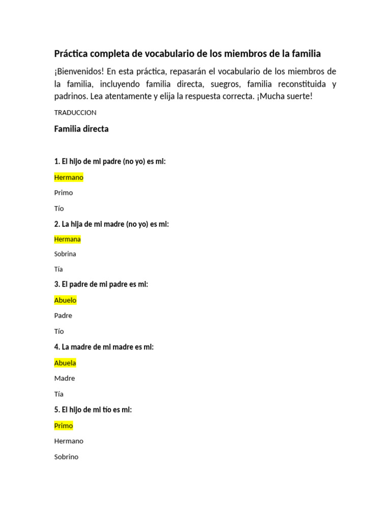 Vocabulario de miembros de la familia | PDF | Familia adoptiva | Familia