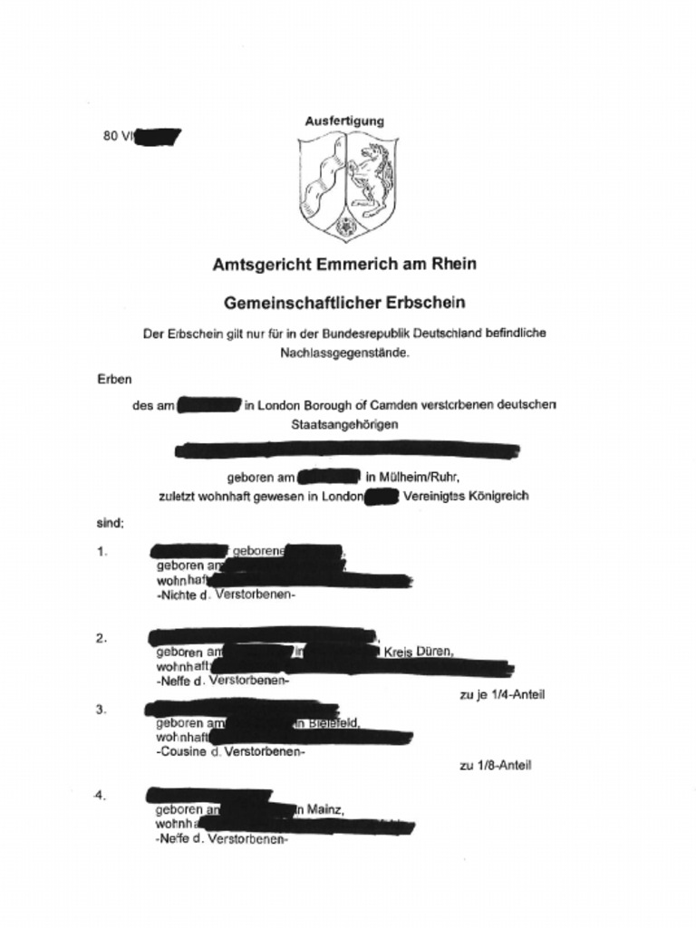 Sample German Grant of Probate Erbschein | PDF
