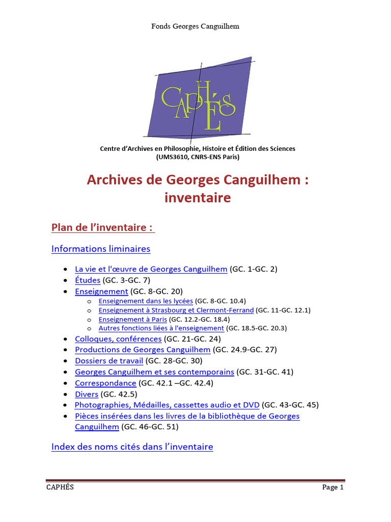 Archives de Georges Canguilhem : Inventaire | PDF