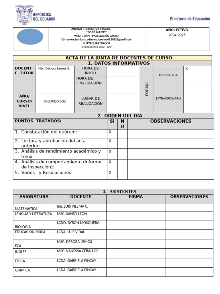 Acta de Junta de Curso Segundo Trimestre Segundo Bgu | PDF