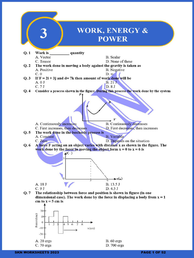 Work, Power & Energy Worksheet by SKN 2023 | PDF