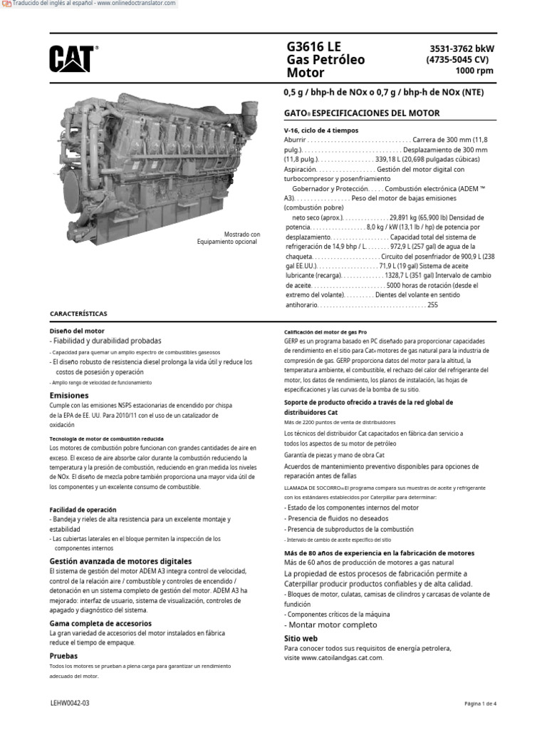 Motor de Gas Cat G3616 LE Especificaciones | PDF | Motor de combustión ...