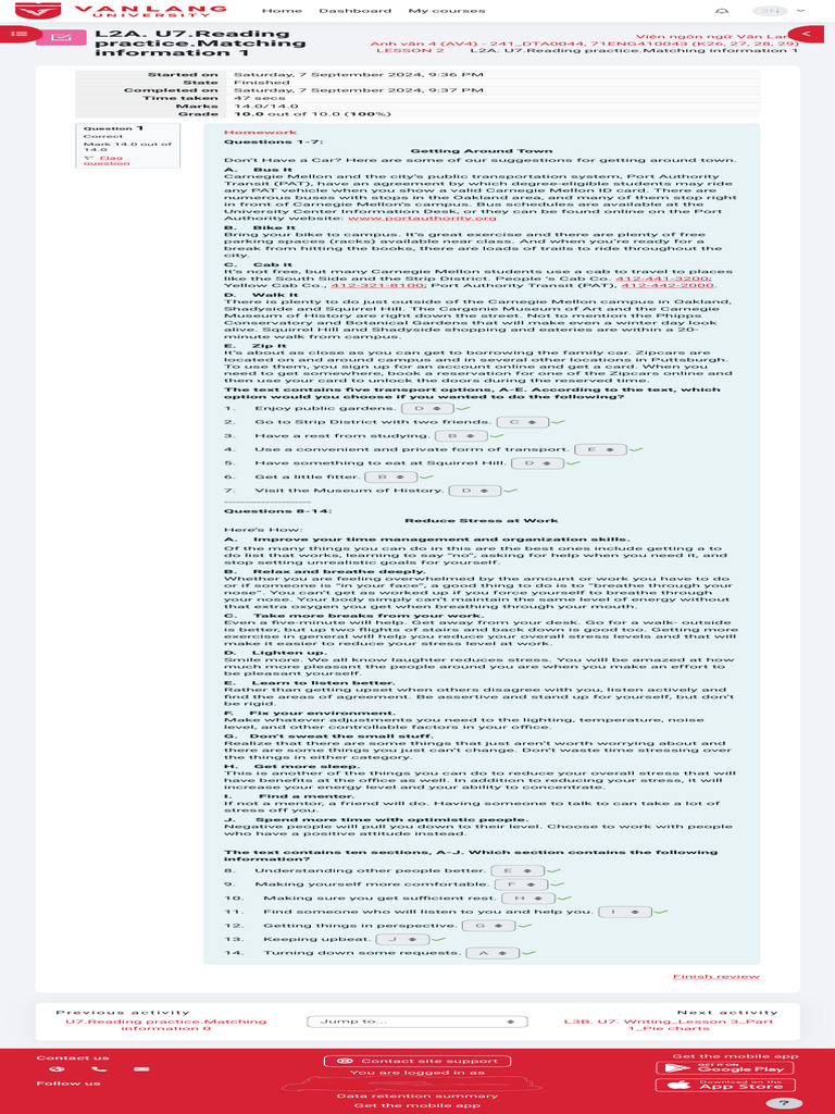L2A. U7.Reading Practice - Matching Information 1 Attempt Review | PDF