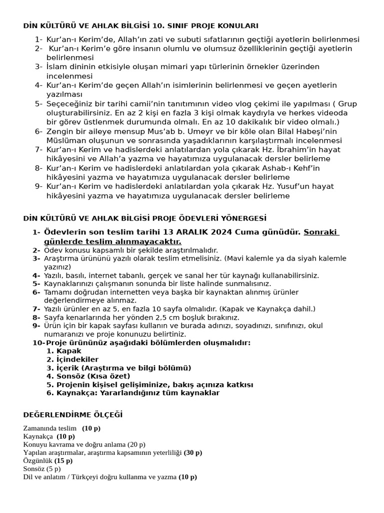 Sınıf Performans Ödevi Konuları Ve Yönergesi | PDF