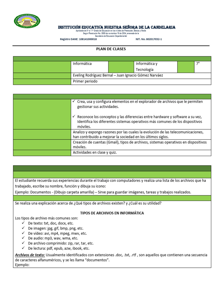 Plan de Clases de Informática 7° Grado | PDF | Archivo de computadora ...